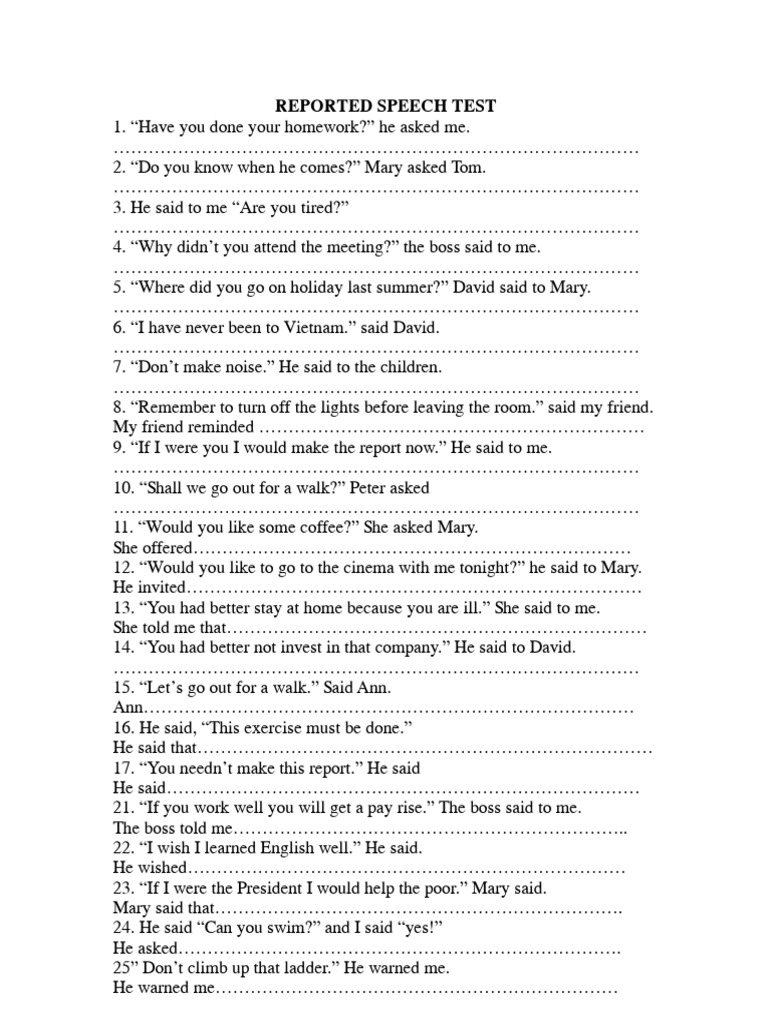 Reported Speech Test Exercises | PDF | Home & Garden