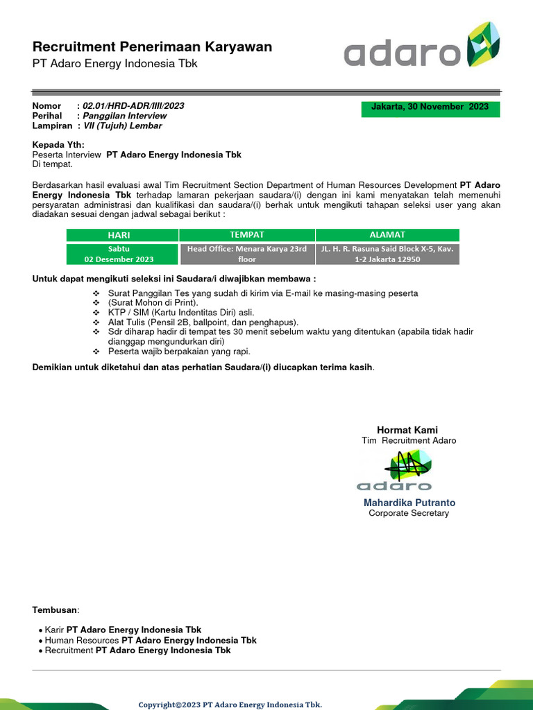 Surat Panggilan Interview PT Adaro Energy TBK | PDF