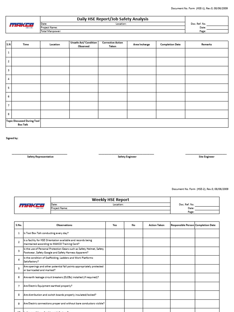 Daily and Weekly HSE Checklist | PDF | Tire | Hygiene
