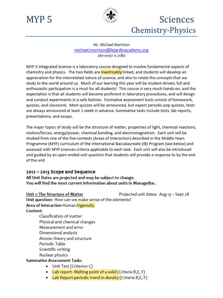 MYP 5 Integrated Science Overview | PDF | Chemistry | Fundamental ...