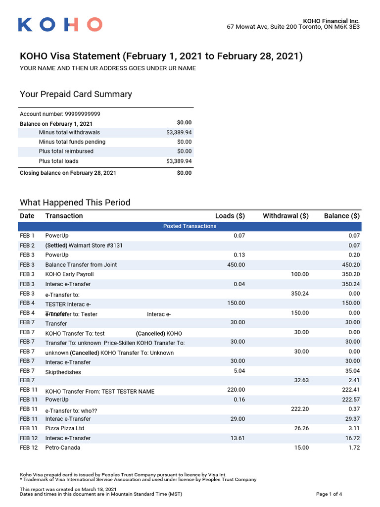 KOHO Prepaid Card Statement | PDF | Visa Inc. | Debit Card