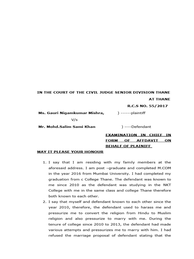 Examination-in-Chief Affidavit Format | PDF | Marriage | Misrepresentation