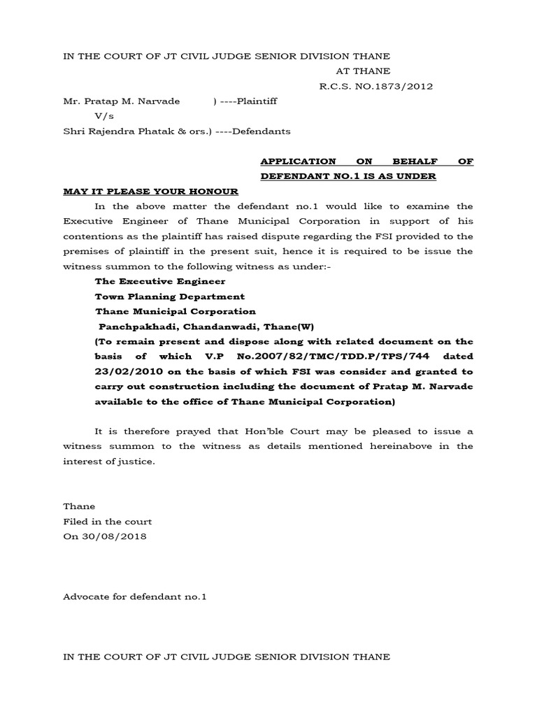 Witness Summon Application in Thane Case | PDF | Affidavit | Lawsuit