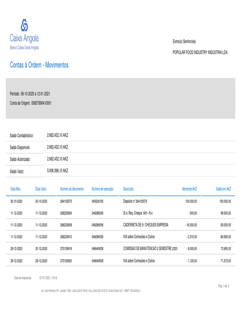 Bank Statement Caixa Geral Angola | PDF