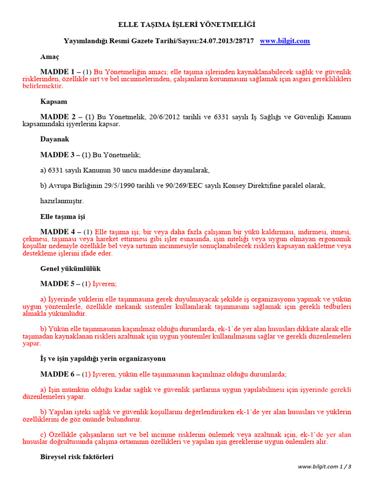 6331 Elle Tasima Isleri Yonetmeligi | PDF