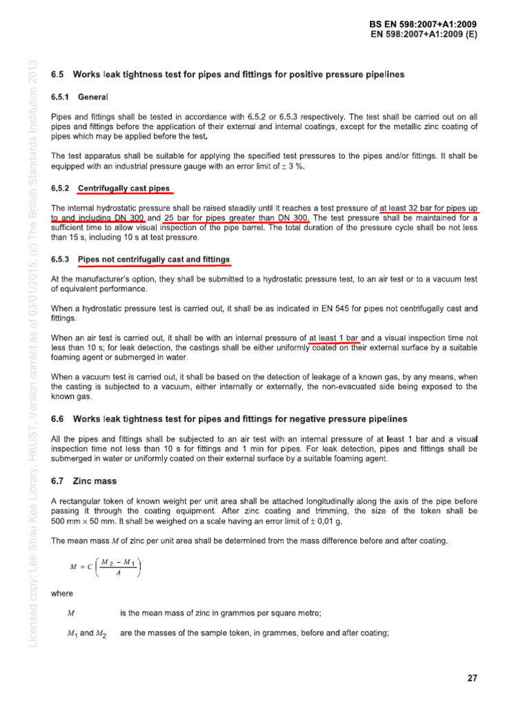 BS EN 598-2007 Pipe Leak Tightness Test | PDF