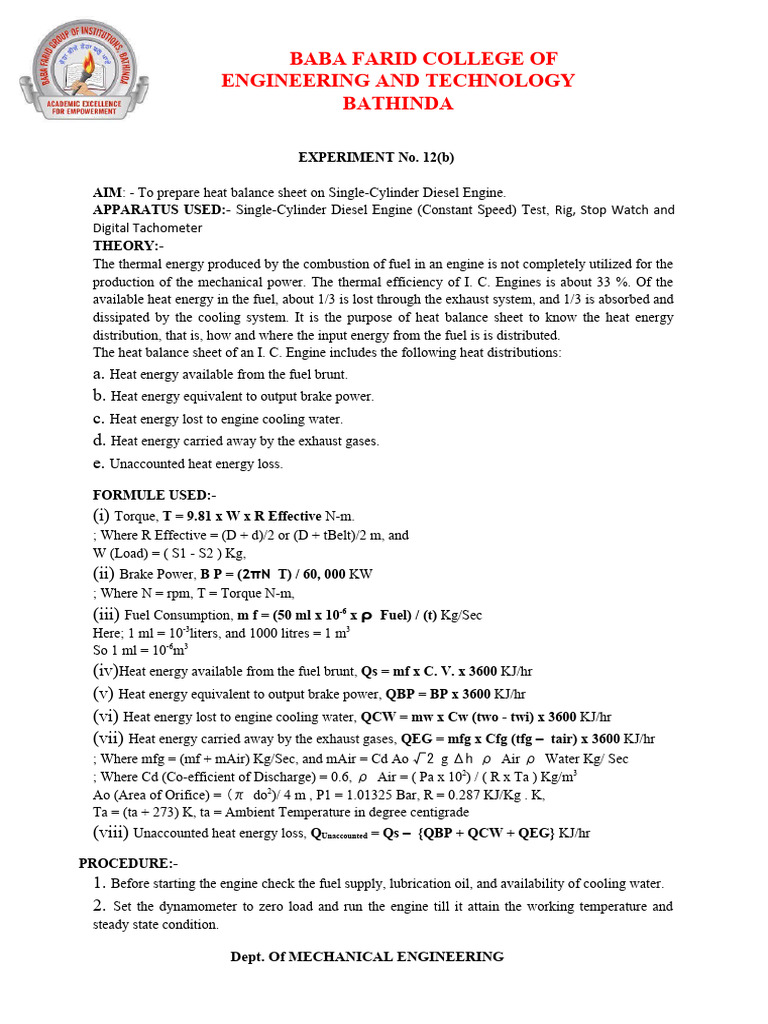Performance Testing of A Diesel Engine From No Load To Full Load (At ...
