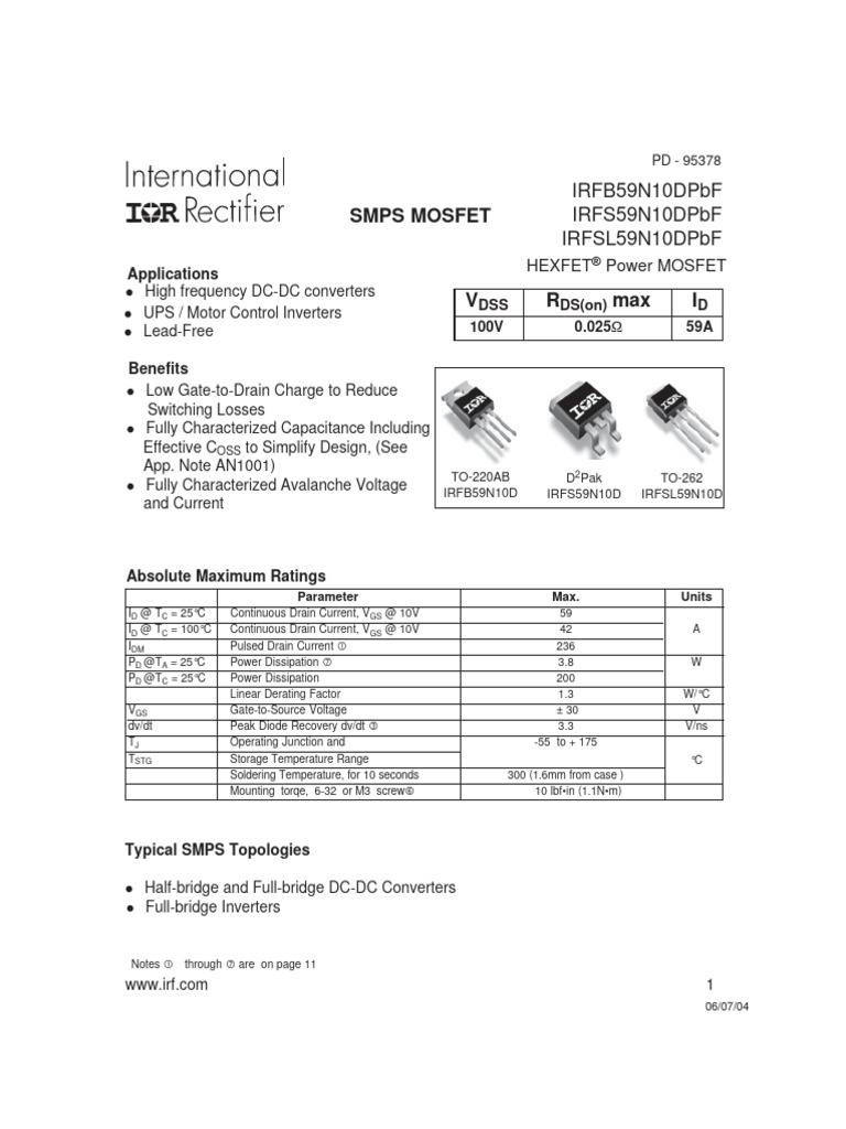 IRFB59N10D - International Rectifier | PDF | Field Effect Transistor ...