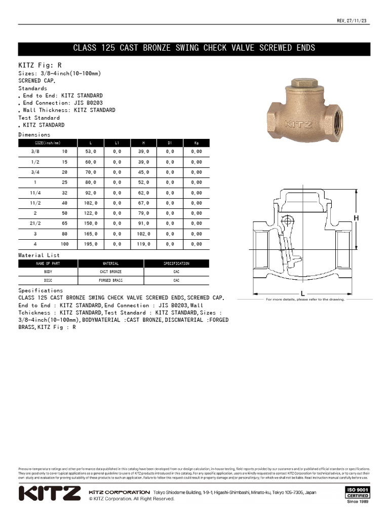 Class 125 Cast Bronze Swing Check Valve Screwed Ends: Kitz Fig: R | PDF