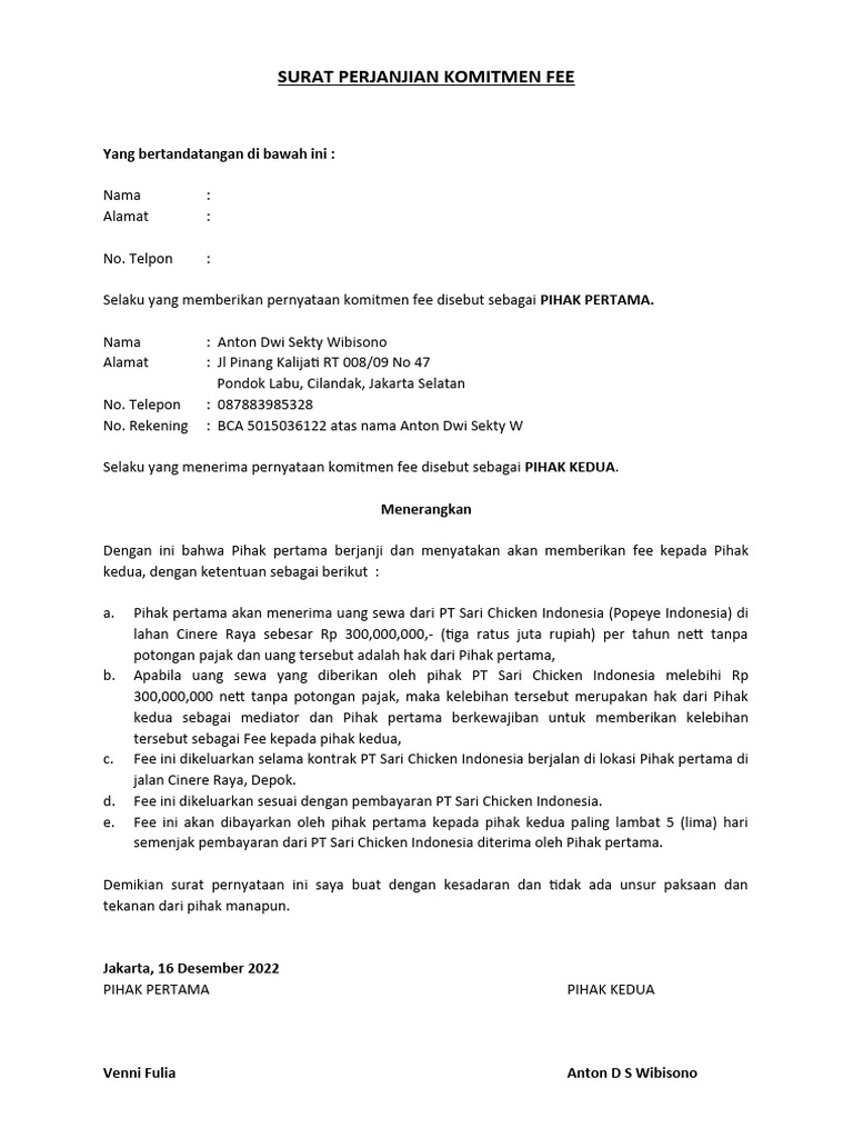 Surat Perjanjian Komitmen Fee Sewa | PDF | Hukum