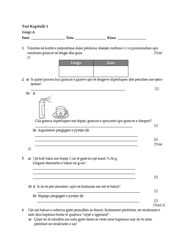Teste Kapitulli 1 Kimia 8 | PDF