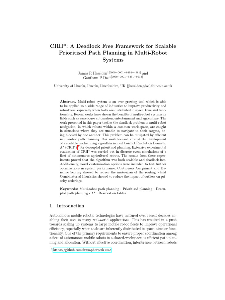 Crh A Deadlock Free Framework For Scalable Prioritised Path Planning In Multi Robot Systems 