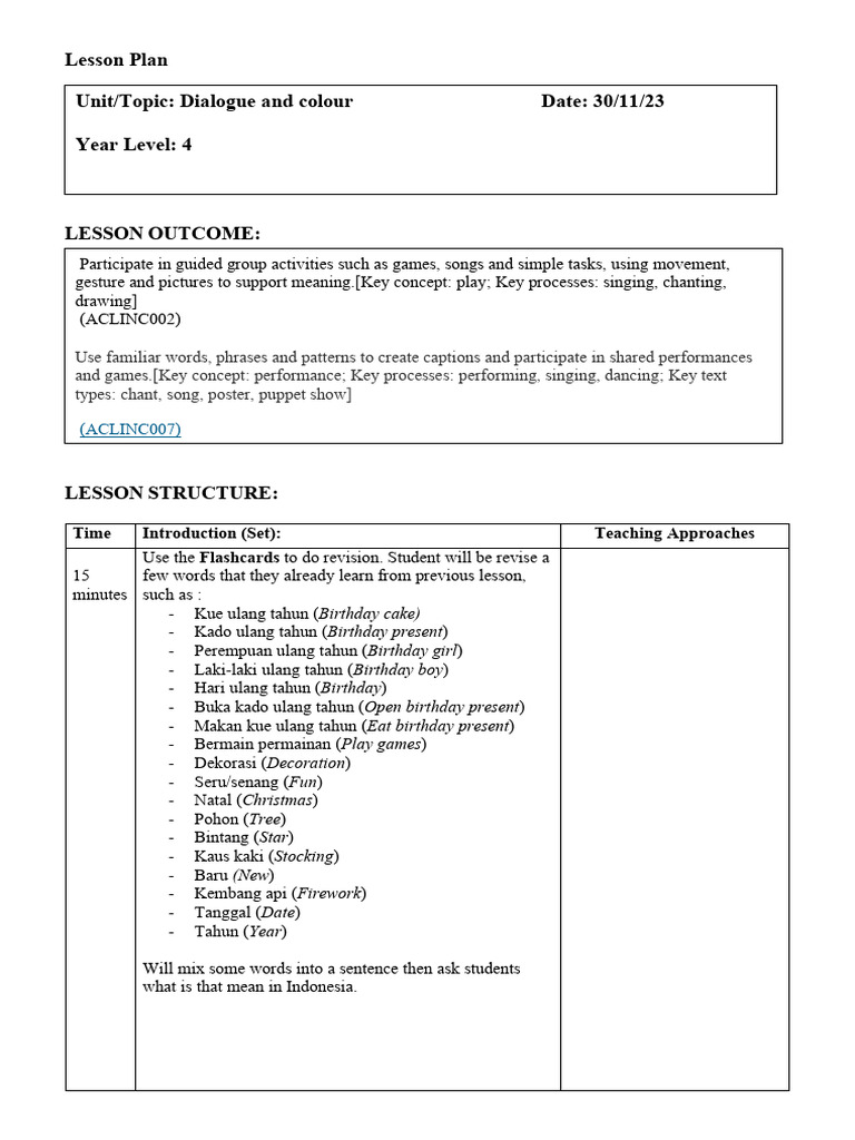 Year 4 Lesson Plan | PDF | Human Communication | Learning