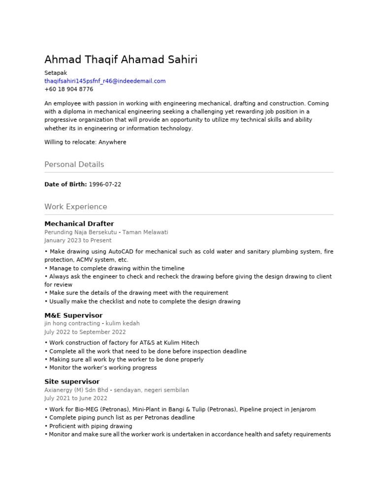 Resume Ahmad Thaqif Ahamad Sahiri | PDF | Engineering