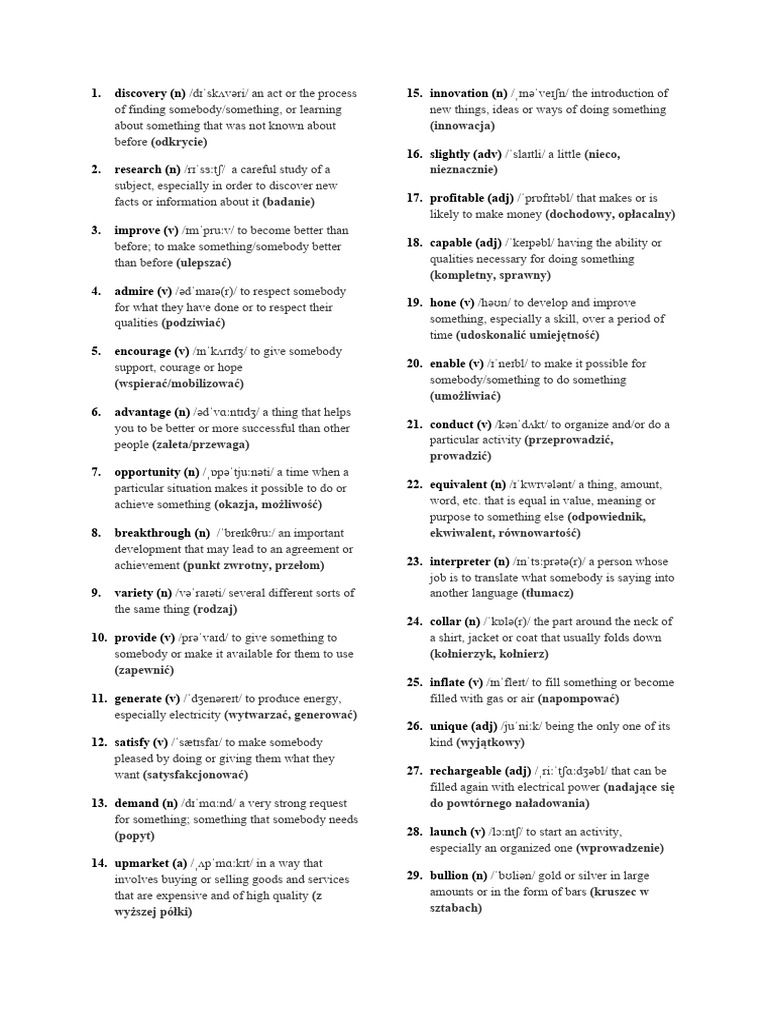 Lista Słówek Unit 4 Great Ideas | PDF | Economies