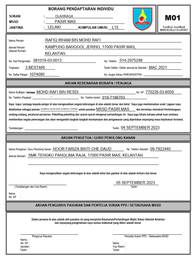 Borang Pendaftaran M01 - MSSK-OLAHRAGA | PDF