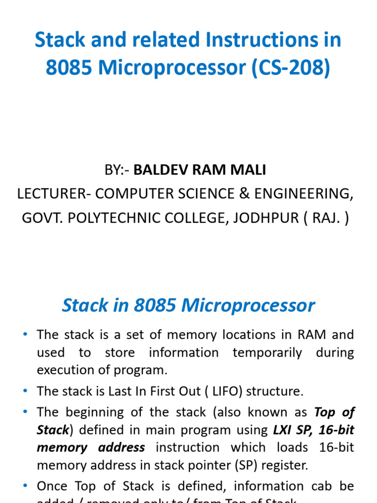 CS-208 Stack and Related Instructions in 8085 Microprocessor by B R MALI GPC JODHPUR | PDF ...