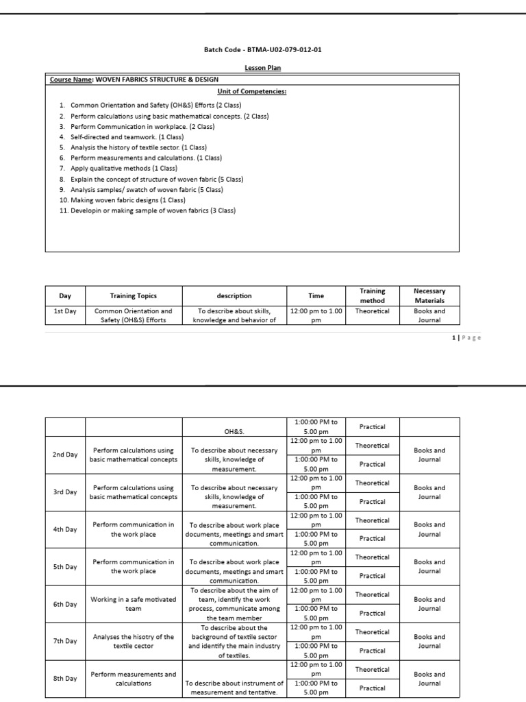 Lesson Plan Format (Woven Fabrics Structure & Design) | PDF | Textiles ...