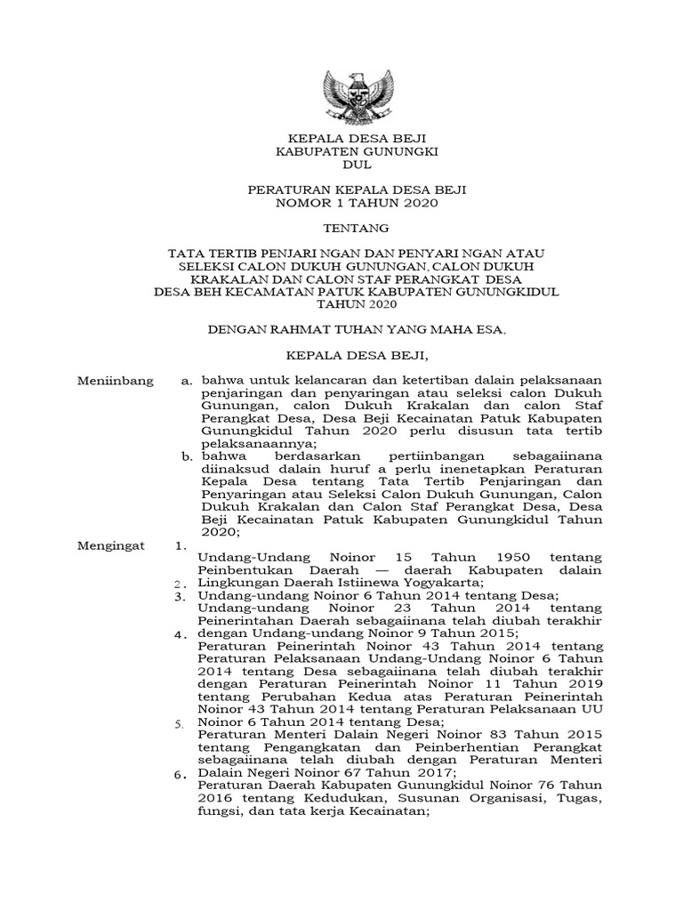Perkades Beji No 1 Ta 2020 Tatib Pengisian Perangkat Desa | PDF