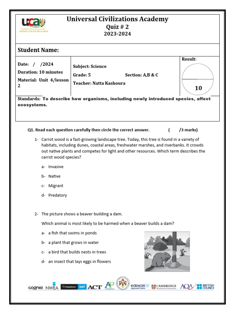 Grade 5 Quiz 2 | PDF | Invasive Species | Predation