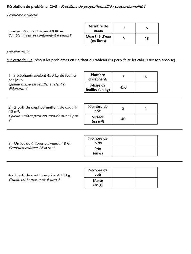 CM1 Problemes de Proportionnalite Proportionnalite Exercices 1 | PDF | Algèbre | Quantité