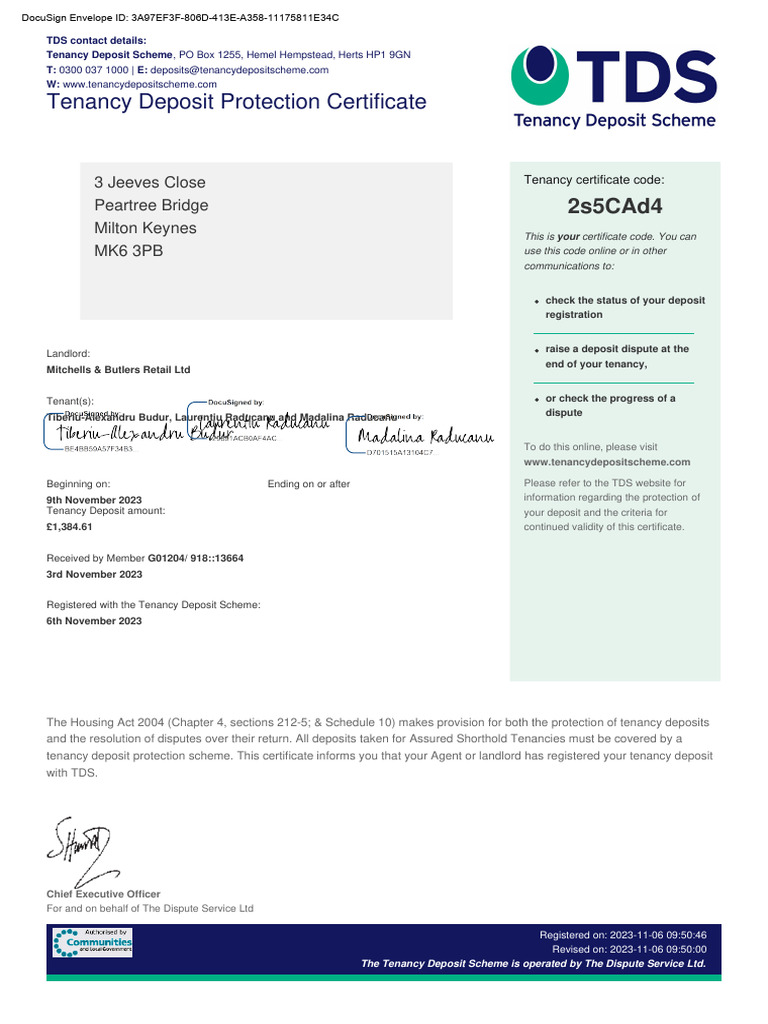 Tenancy Deposit Protection Certificate | PDF | Leasehold Estate | Law ...