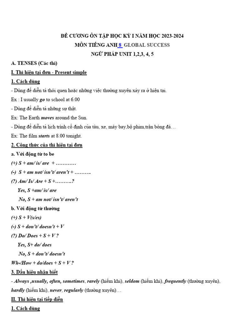 De Cuong On Tap Hoc Ki 1 Mon Tieng Anh 8 Global Success | PDF
