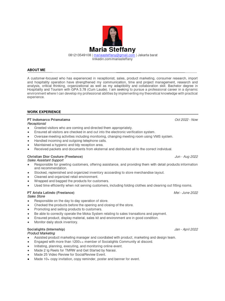 CV_Maria Steffany (1) | PDF | Sales | Business
