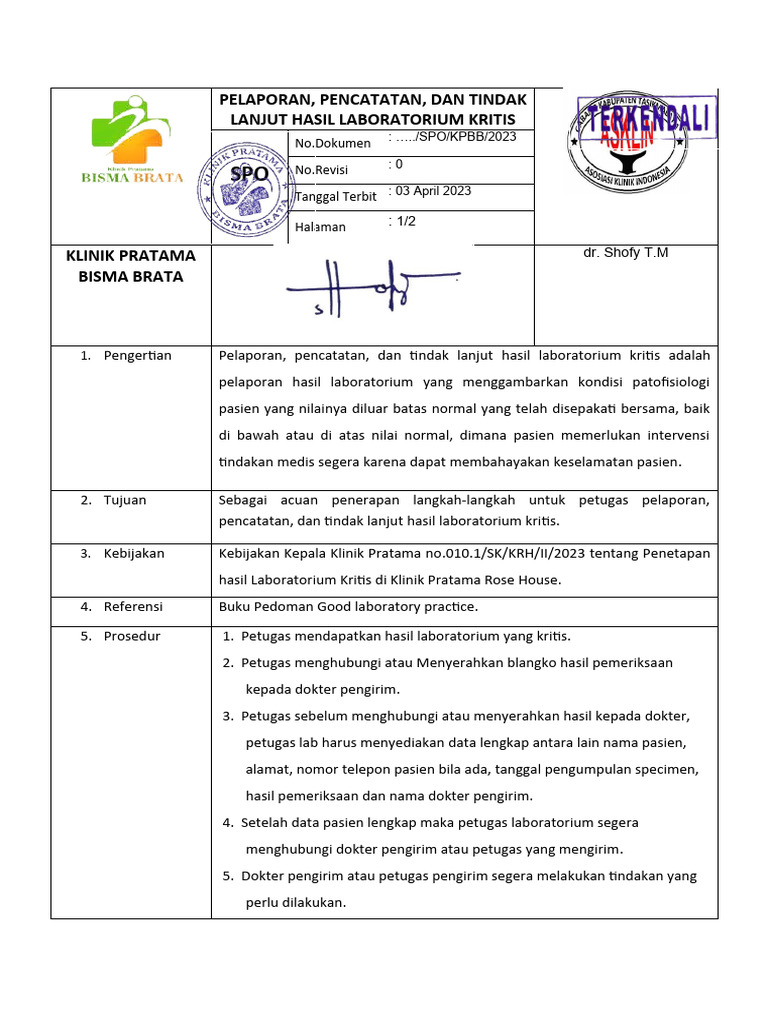 25 Sop Pelaporan, Pencatatan, Dan Tindak Lanjut Dan Laboratorium Kritis ...