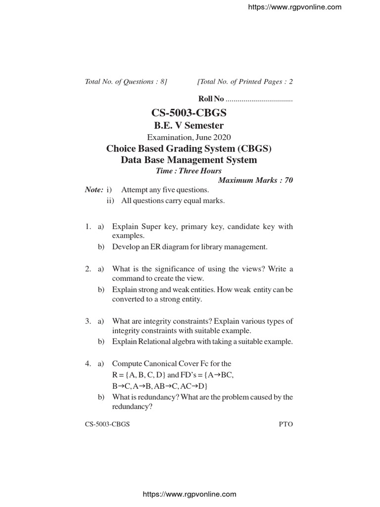 DBMS Exam Questions for B.E. Students | PDF