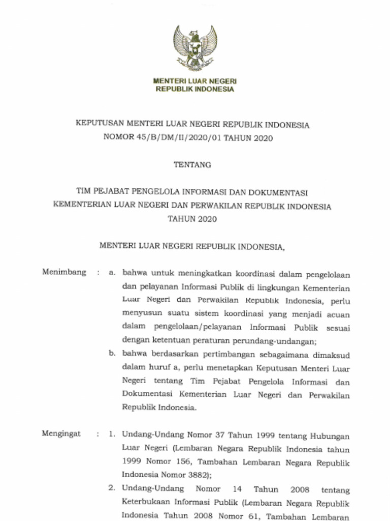 KEPMENLU NO. 45 Tahun 2020 - TENTANG TIM PPID KEMLU TAHUN 2020 | PDF