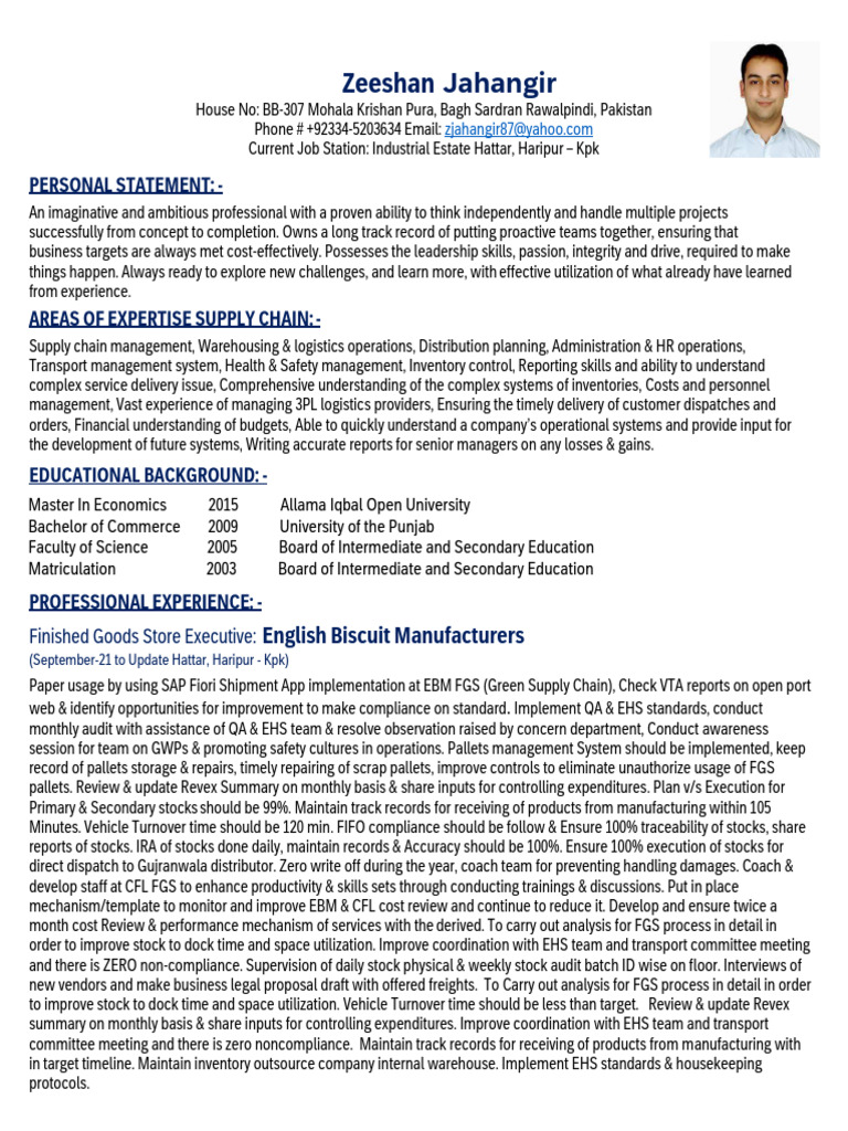 Zeeshan Jahangir Resume | PDF | Warehouse | Logistics