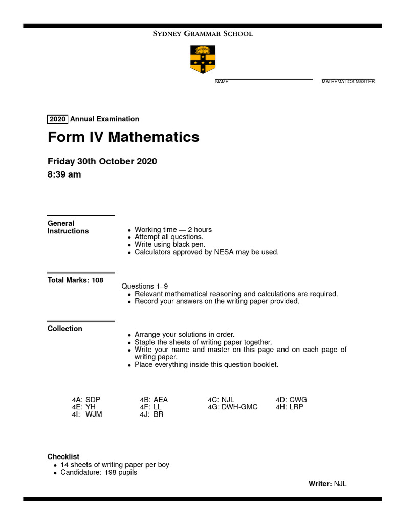 Year 10 Mathematics Exam Paper 2020 | PDF | Geometry | Elementary ...