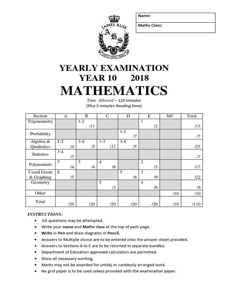 James Ruse 2018 Year 10 Maths Yearly & Solutions | PDF | Circle | Polynomial