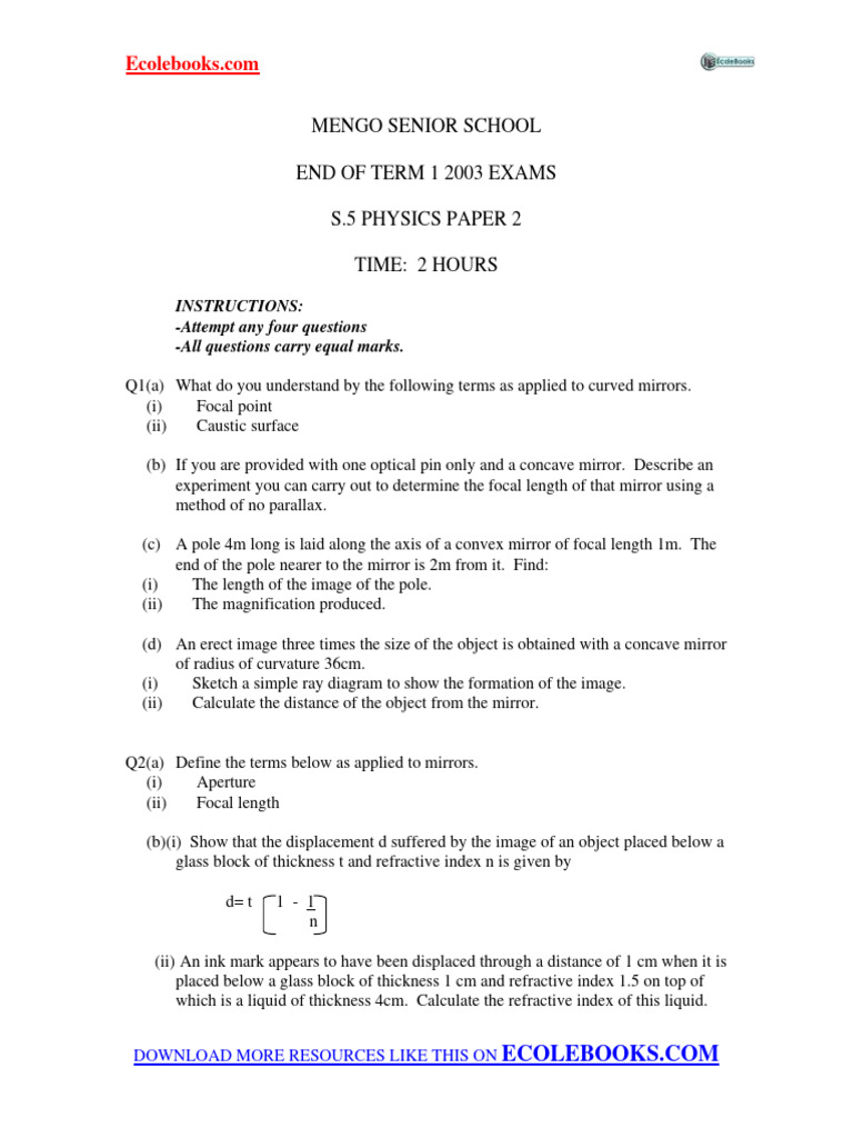 S.5 Phy P2 Eot 1 2003 Revision Past Papers | PDF | Refraction | Mirror