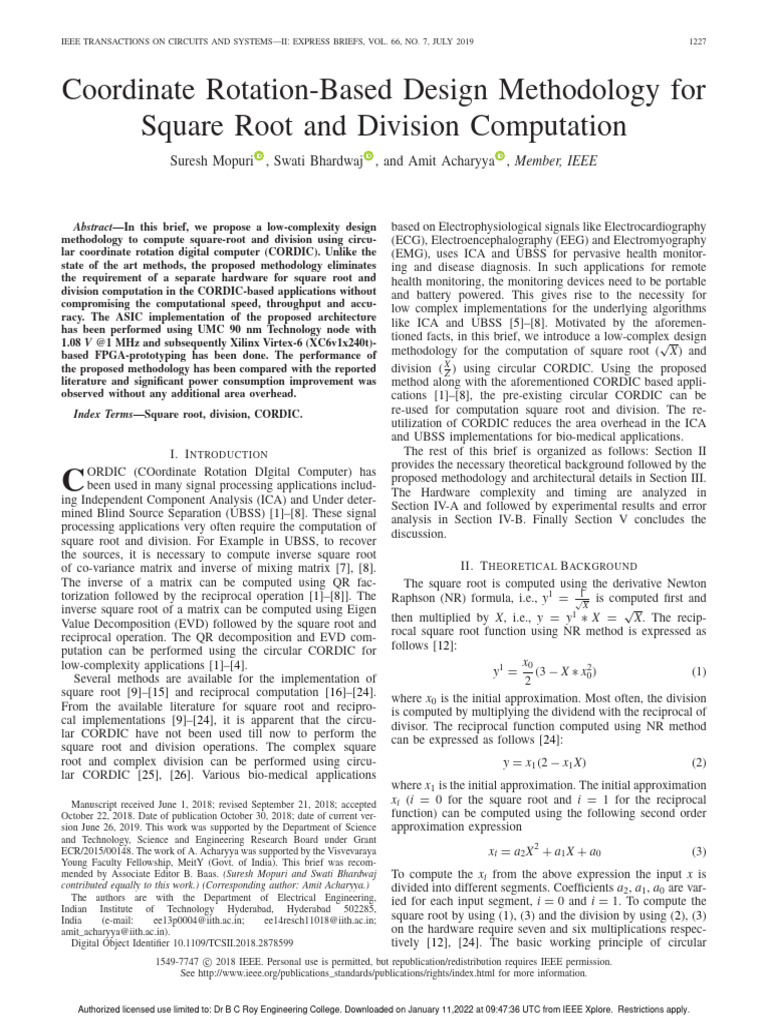 Coordinate Rotation Based Design Methodology For Square Root And Division Computation Download
