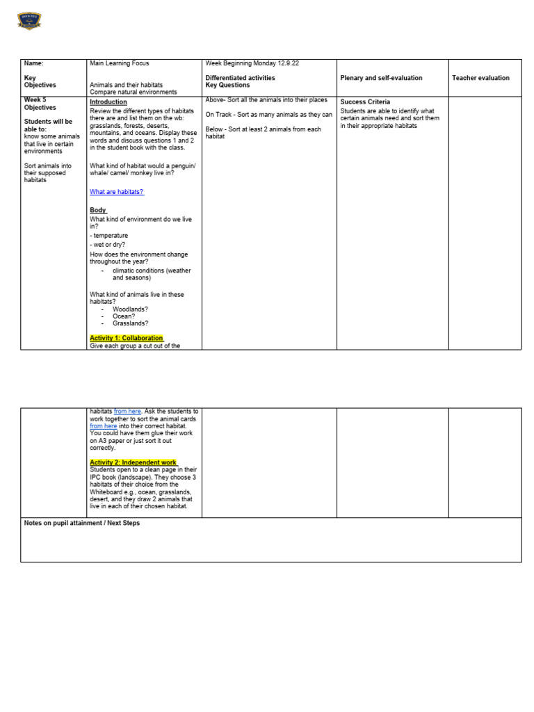 Grade1 Science Plan Week 5 | PDF | Habitat | Natural Environment