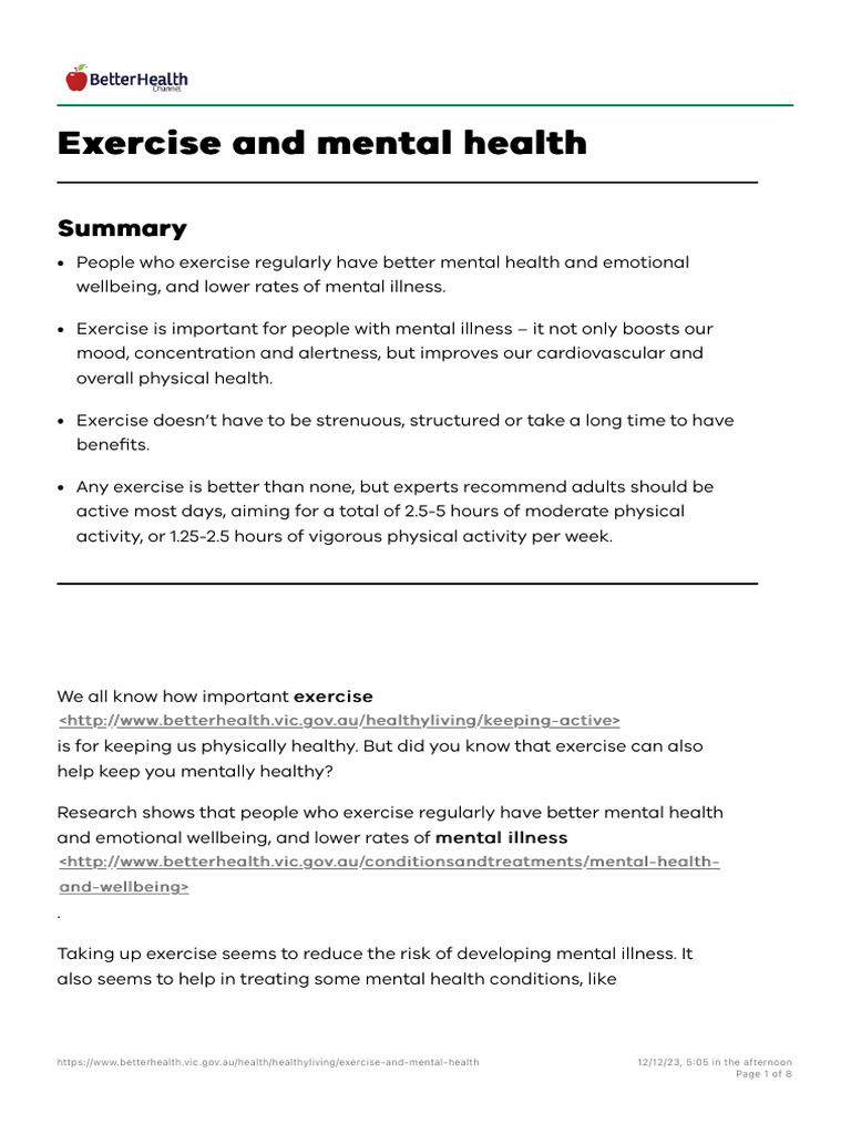 Exercise and Mental Health - Better Health Channel | PDF | Mental ...