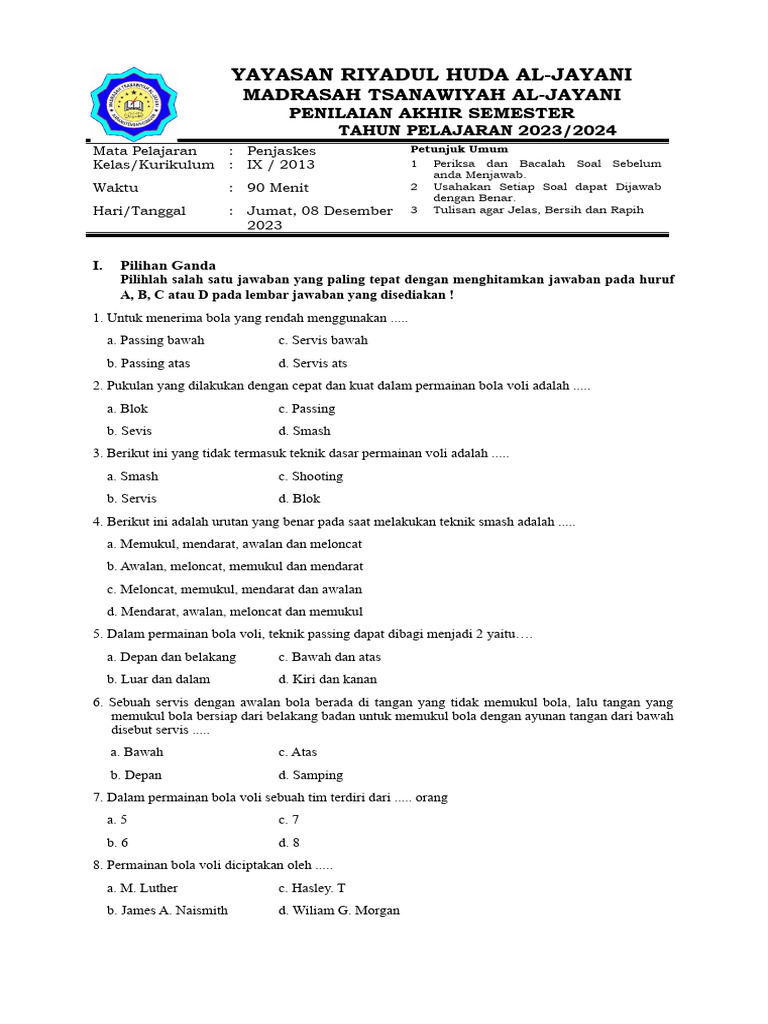 KOP SOAL PAS 2023 (Kelas 9) (Penjaskes) | PDF
