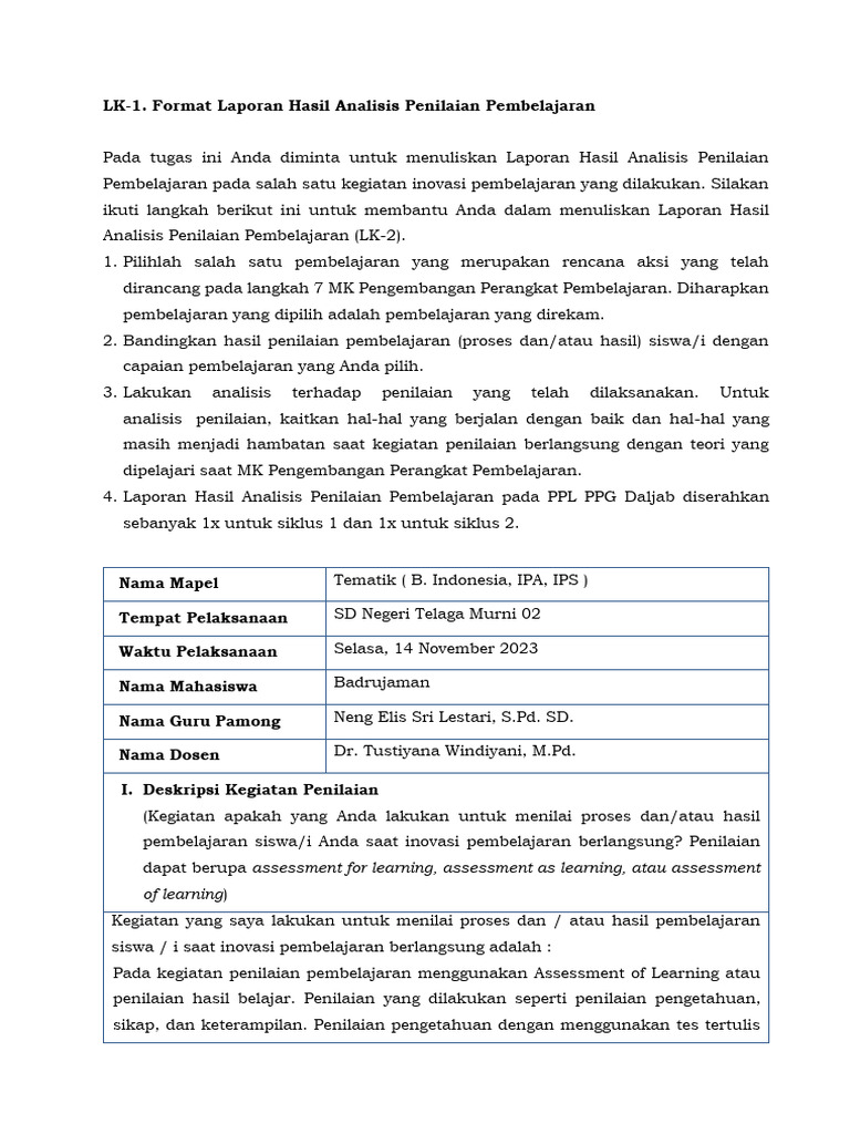 LK-1. Format Laporan Hasil Analisis Penilaian Pembelajaran | PDF