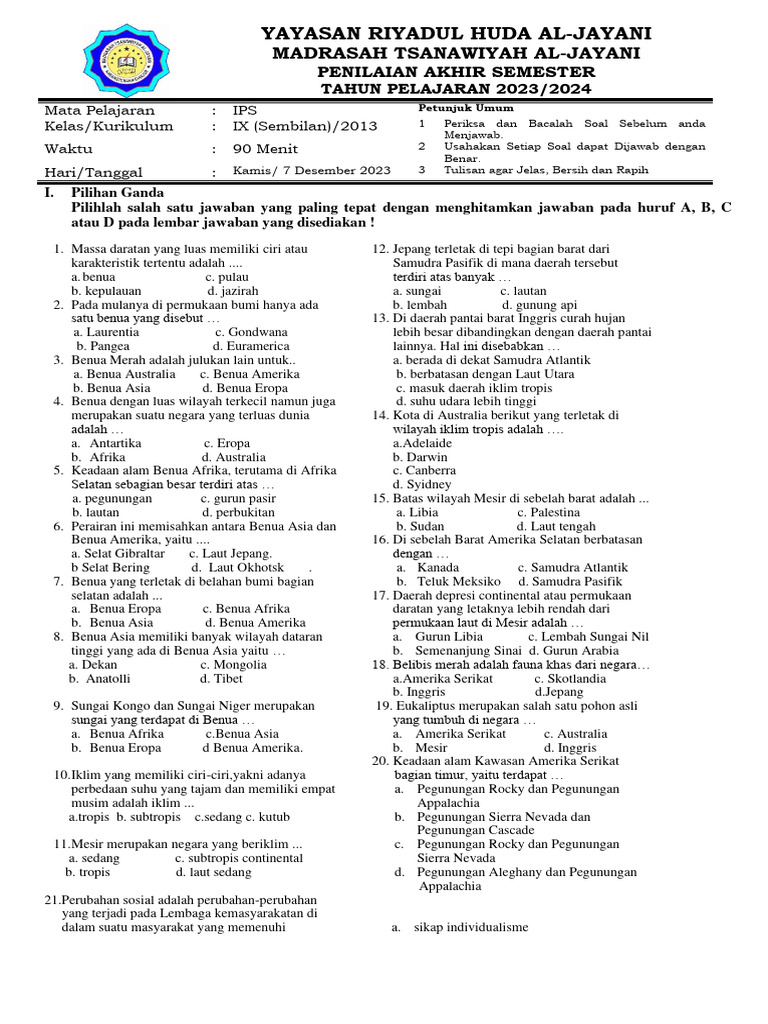 Soal IPS Kelas IX: Penilaian Akhir Semester 2023/2024 | PDF