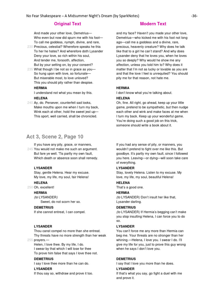 Act 3, Scene 2, Page 10: Original Text Modern Text | PDF | A Midsummer ...
