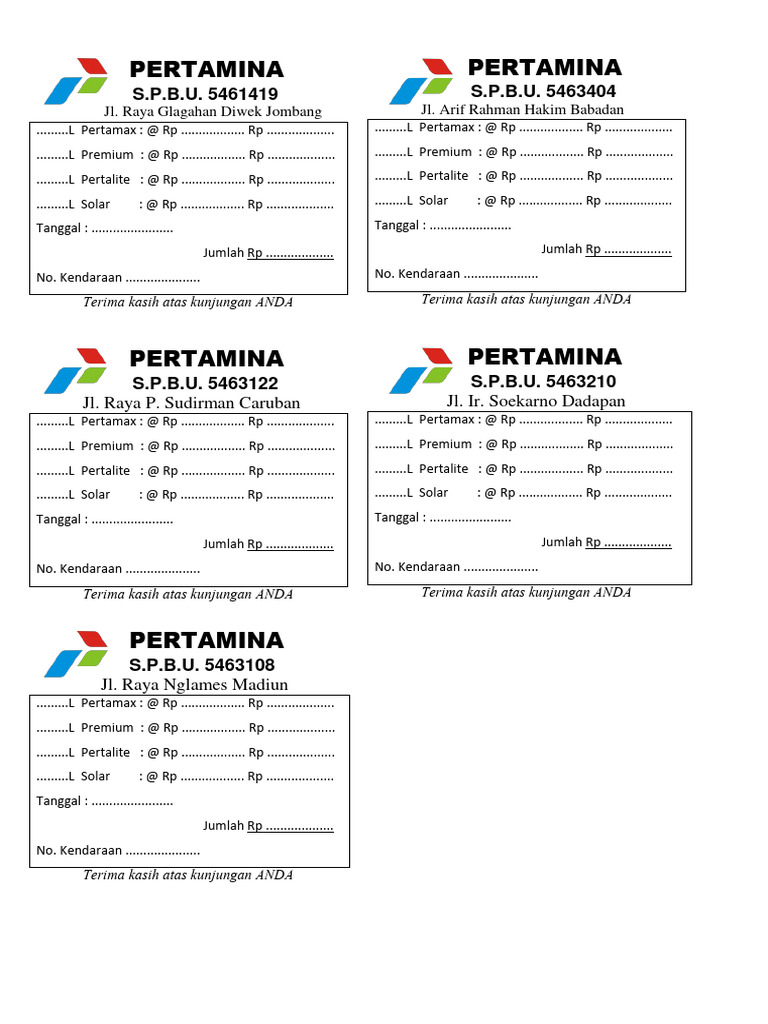 Nota Bensin SPBU Pertamina Manual | PDF