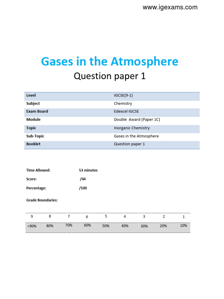 IGCSE Chemistry: Gases in Atmosphere Exam | PDF | Oxide | Exhaust Gas
