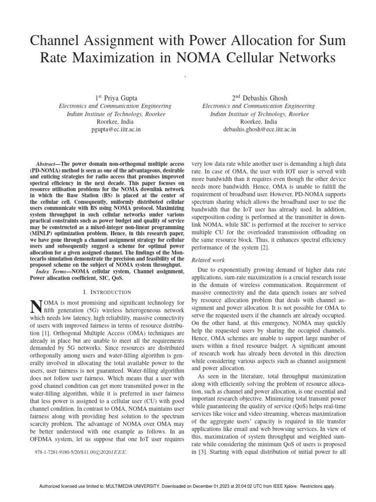 Channel Assignment With Power Allocation For Sum Rate Maximization in NOMA Cellular Networks ...