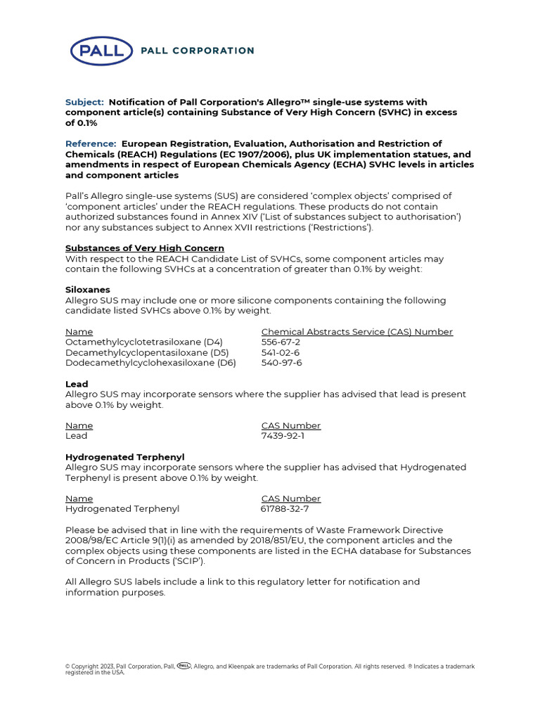 Biotech Allegro Single Use System Reach | PDF