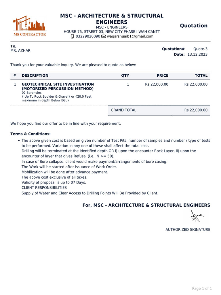 MSC - Architecture & Structural Engineers Quotation | PDF