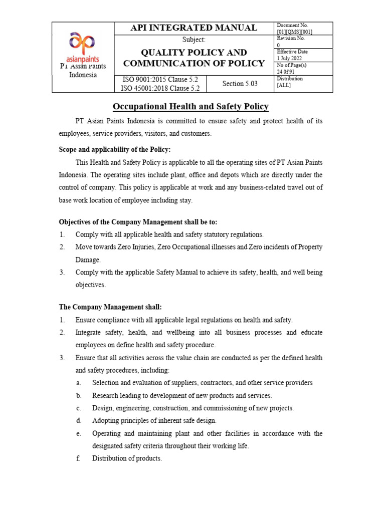 PT-API-OHS-Policy | PDF | Occupational Safety And Health | Safety