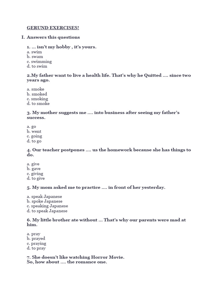 Gerund Exercises with Answers | PDF | Language Arts & Discipline | Self ...