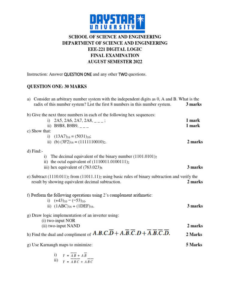 Digital Logic Final Exam 2022 | PDF | Logic Gate | Subtraction